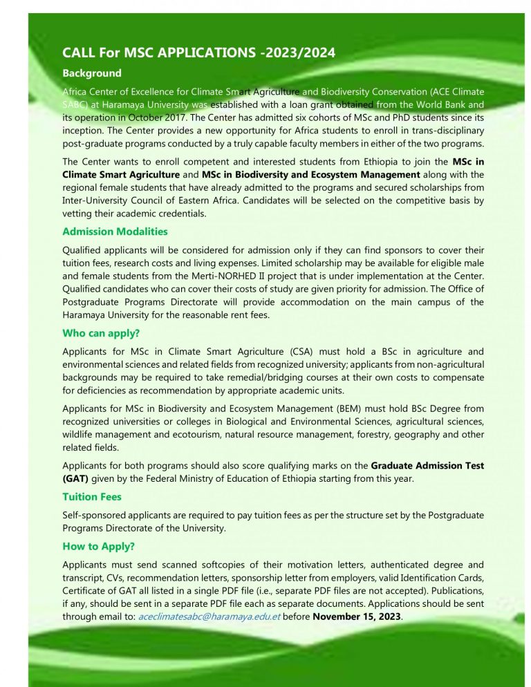 Call For Msc Applications 2023 2024 Haramaya University